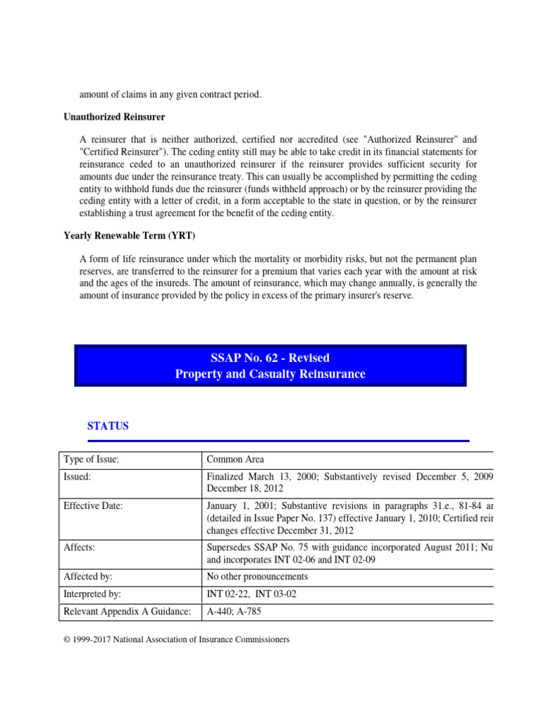 SSAP 62 - Reinsurance | PDF | Reinsurance | Insurance
