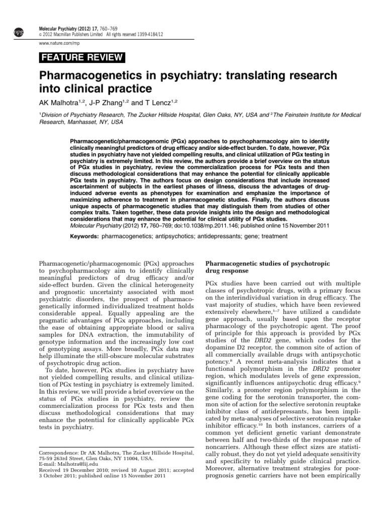 Pharmacogenetics in Psychiatry: Translating Research Into Clinical Practice | PDF ...
