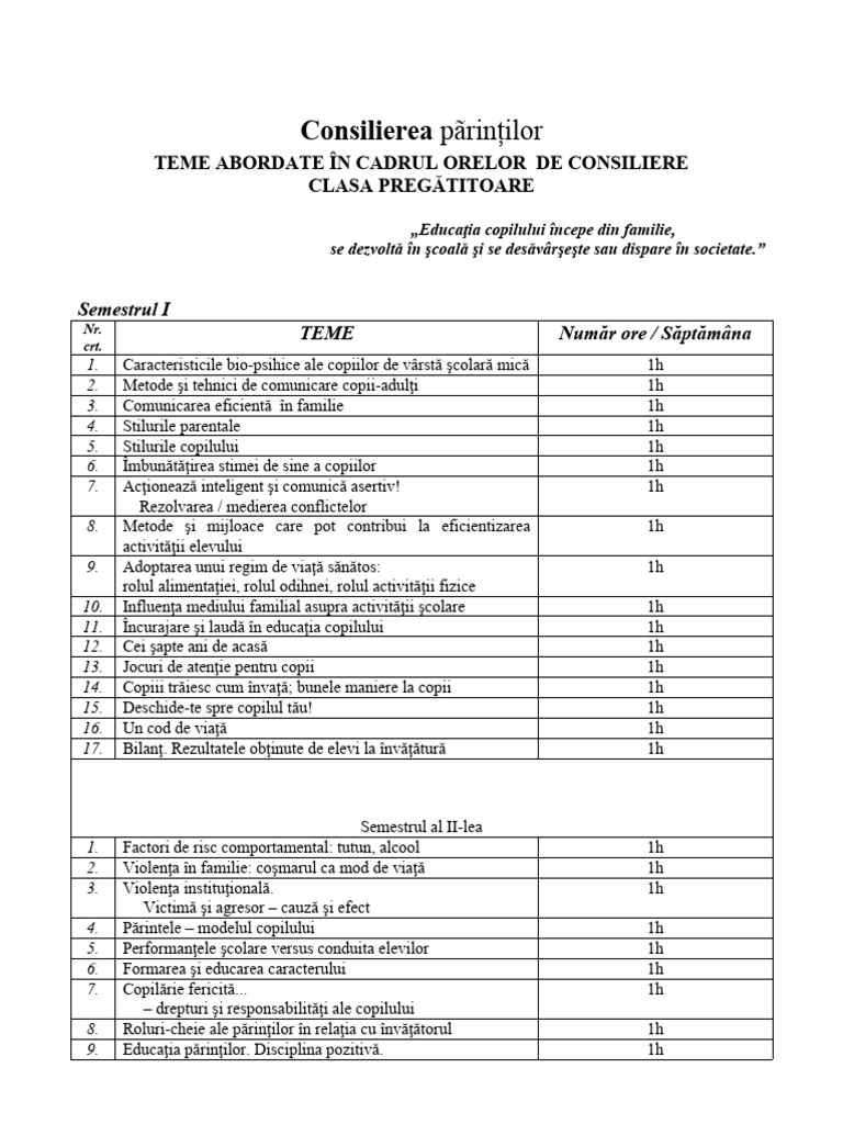 Planificare Consilierea - Parintilor | PDF