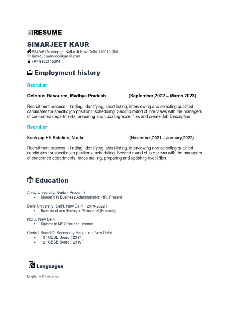 Simarjeet Kaur CV-1-1 | PDF | Career & Growth