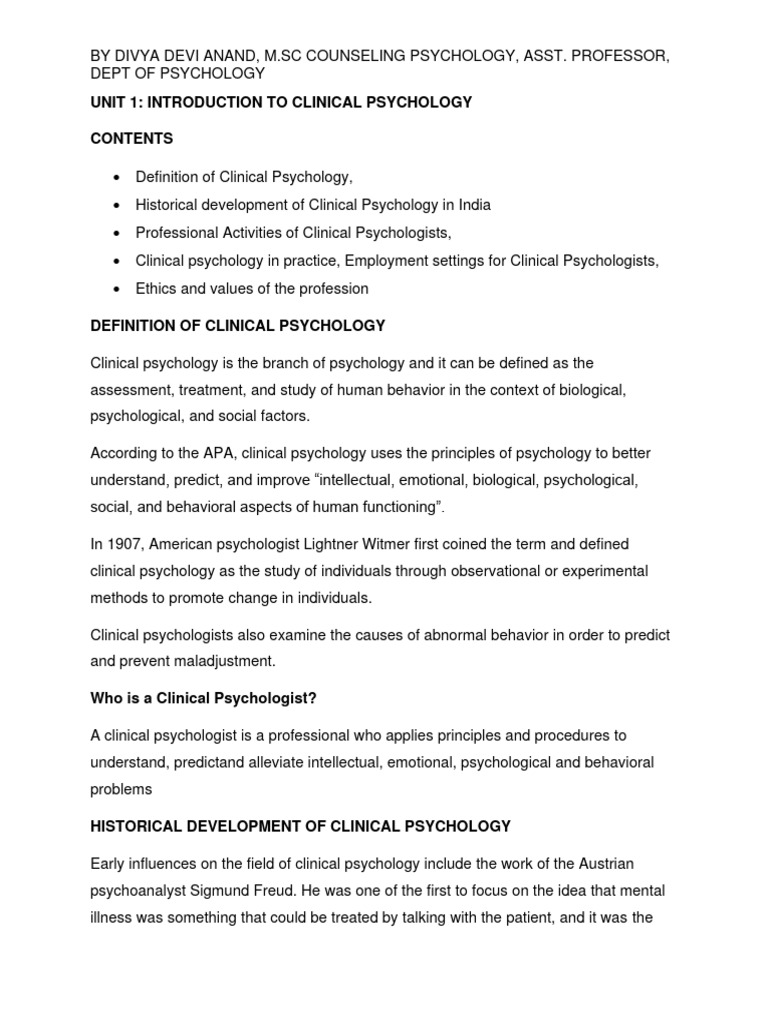 UNIT 1 CLINICAL | PDF | Clinical Psychology | Psychologist