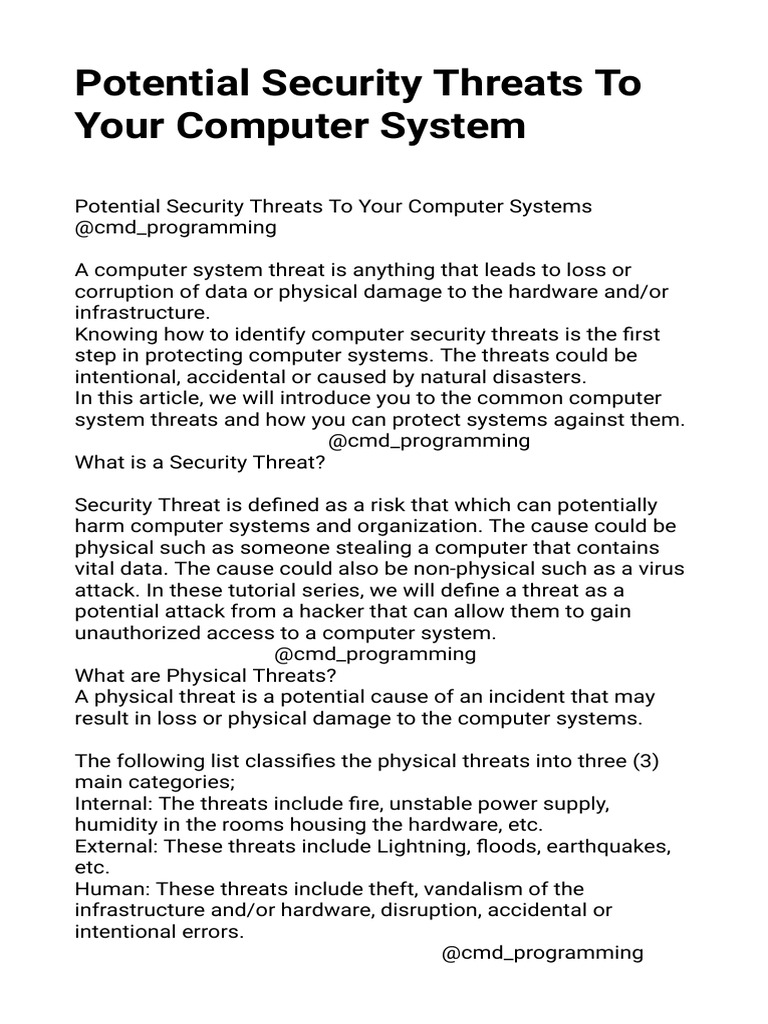 Potential Security Threats To Your Computer Systems | PDF | Security ...