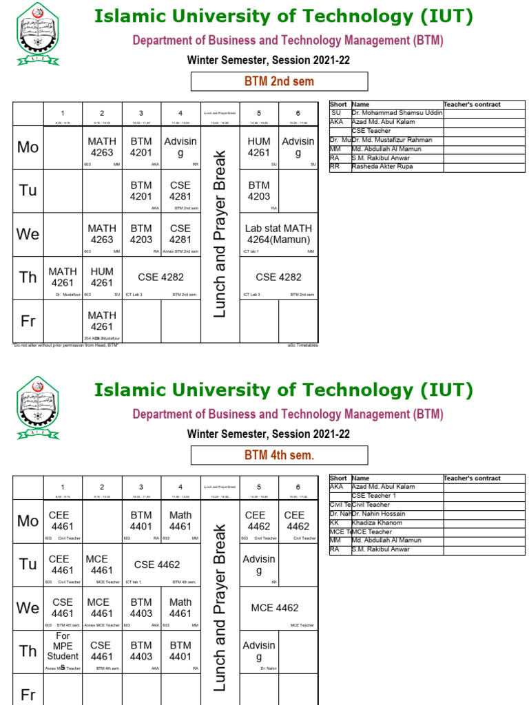 IUT BTM Semester Timetable Overview | PDF