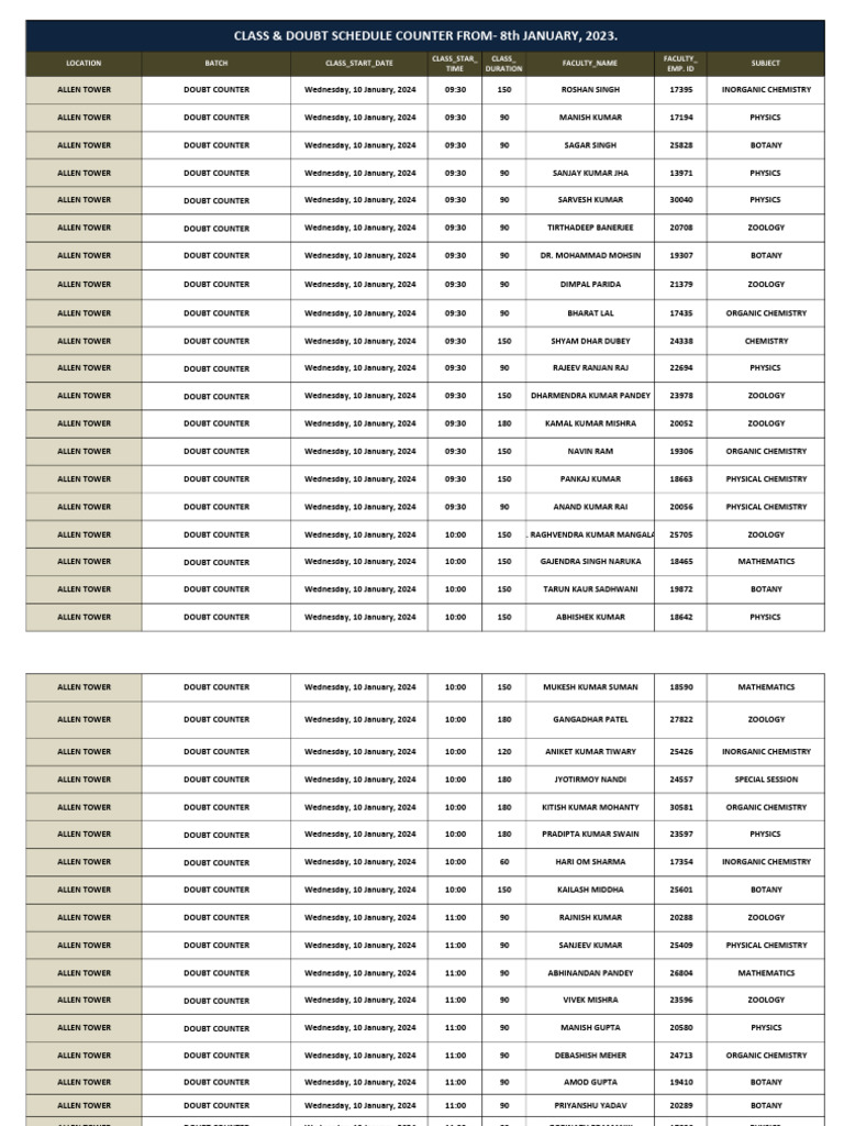 Allen Tower Doubt Counter Schedule | PDF
