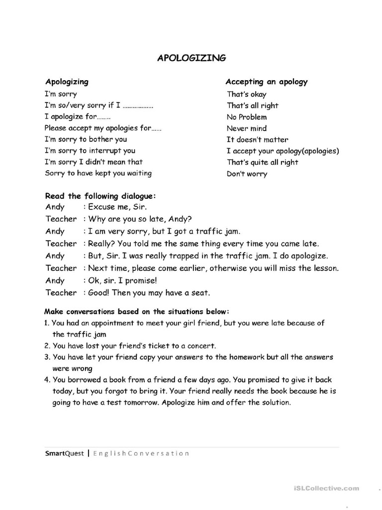 Apologizing Worksheet | PDF