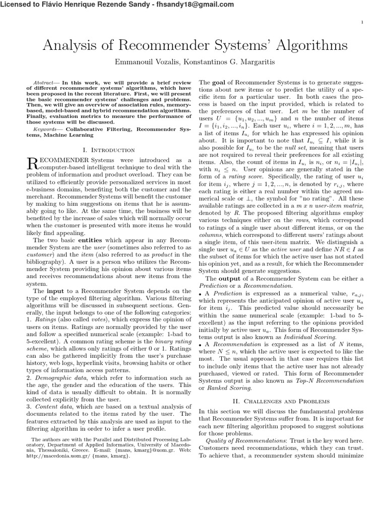 Analysis of Recommender Systems' Algorithms | PDF | Mathematical Objects | Information Science