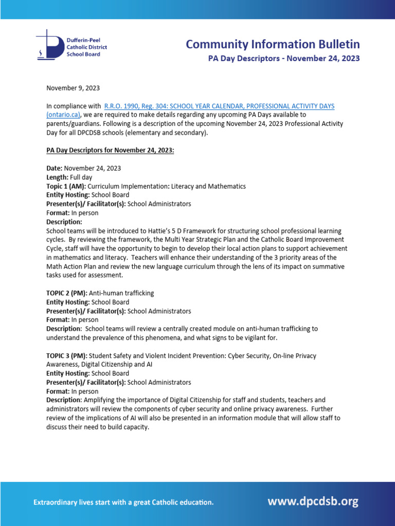 COMMUNITY INFORMATION BULLETIN November 24 2023 PA Day | PDF