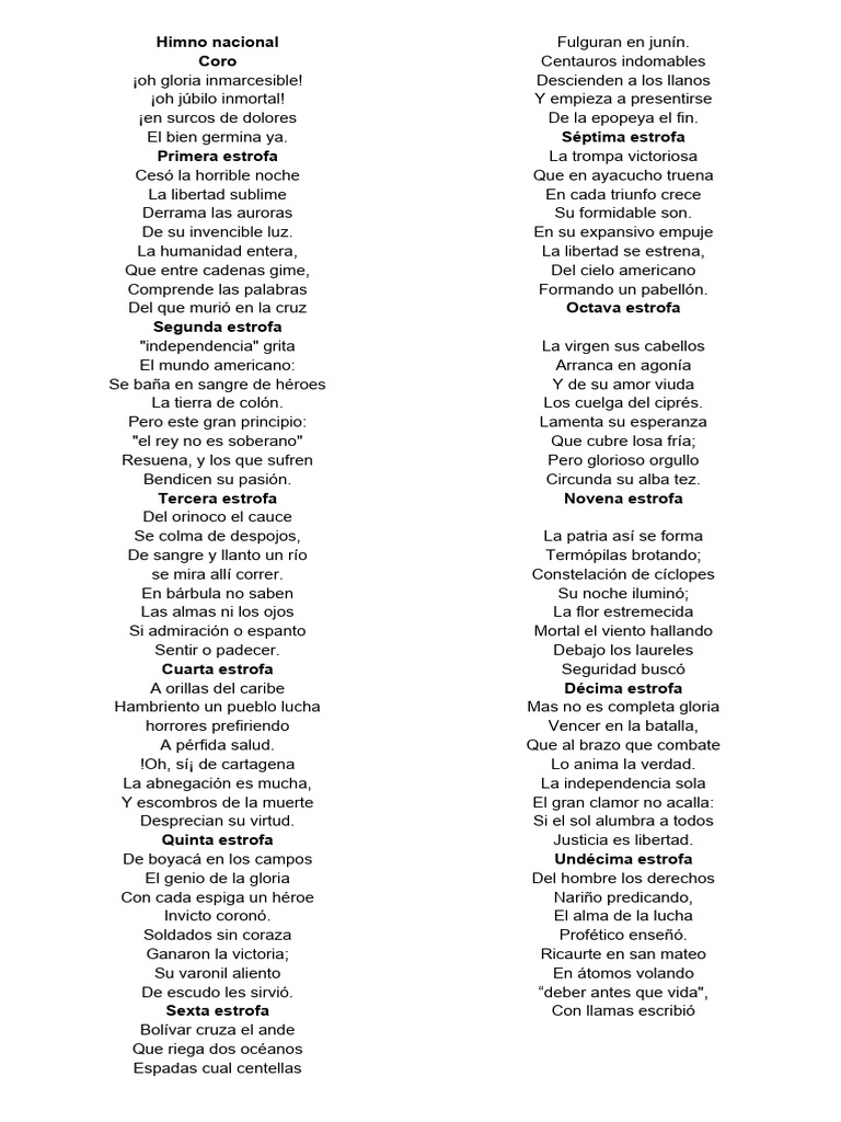 Himno Nacional De Colombia Completo Pdf