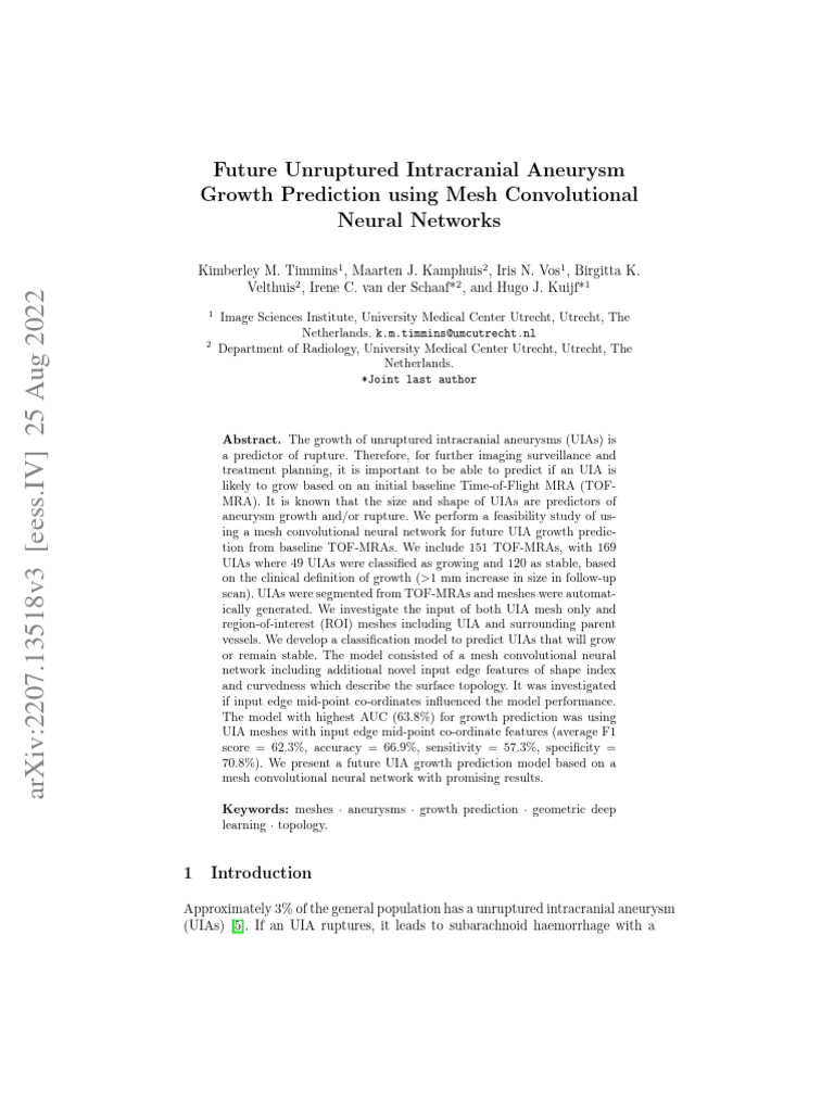 Future Unruptured Intracranial Aneurysm Growth Prediction Using Mesh Convolutional Neural ...