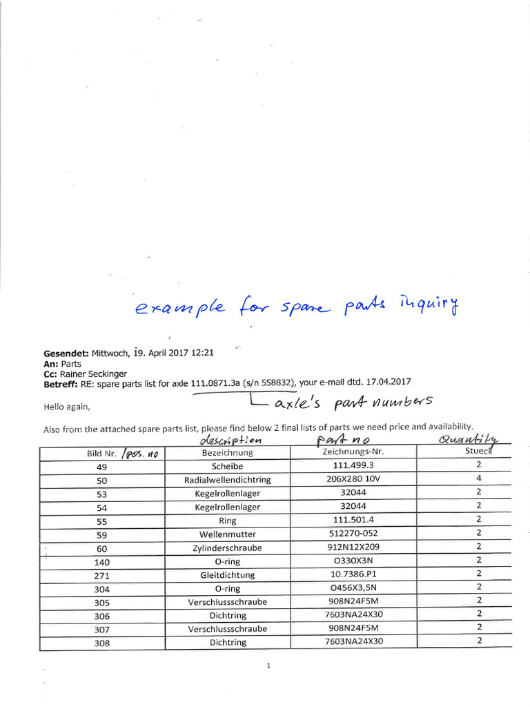 Example For Spare Parts Inquiry (002) Kessler | PDF