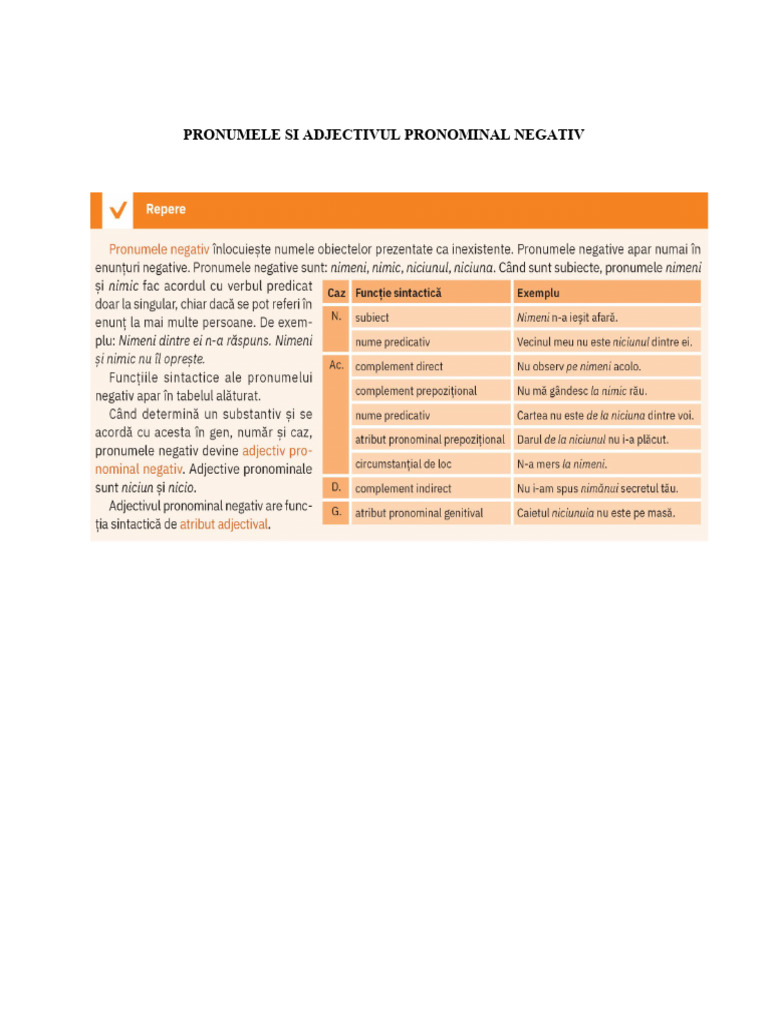 Pronumele Si Adjectivul Pronominal Negativ | PDF