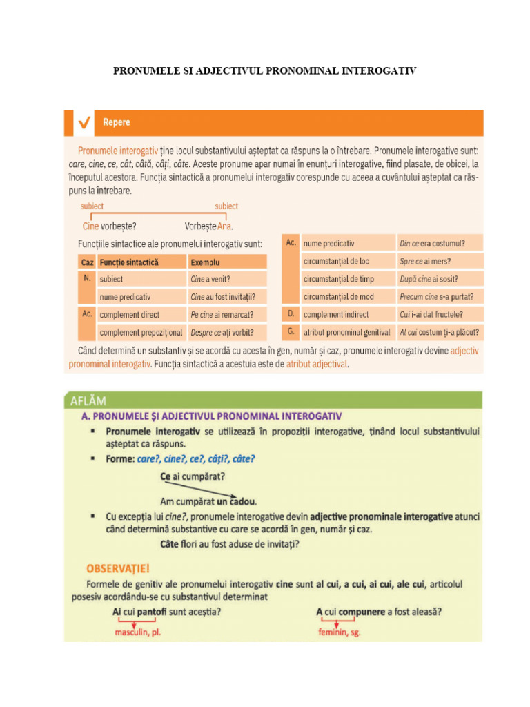 Pronumele Si Adjectivul Pronominal Interogativ | PDF
