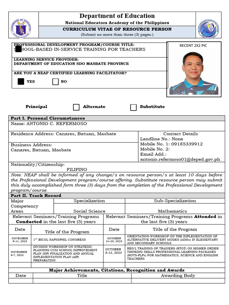 7 Sample Resume of The Resource Person | PDF