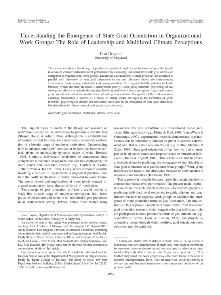 Understanding The State Goal Orientation in Organizational Work Groups, The Role of Leadership ...