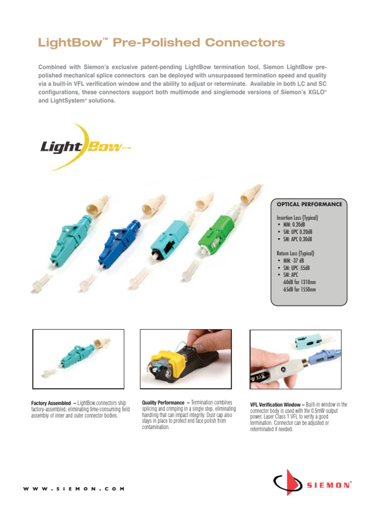 Siemon Lightbow Pre Polished Connectors - Spec Sheet | PDF | Optical ...