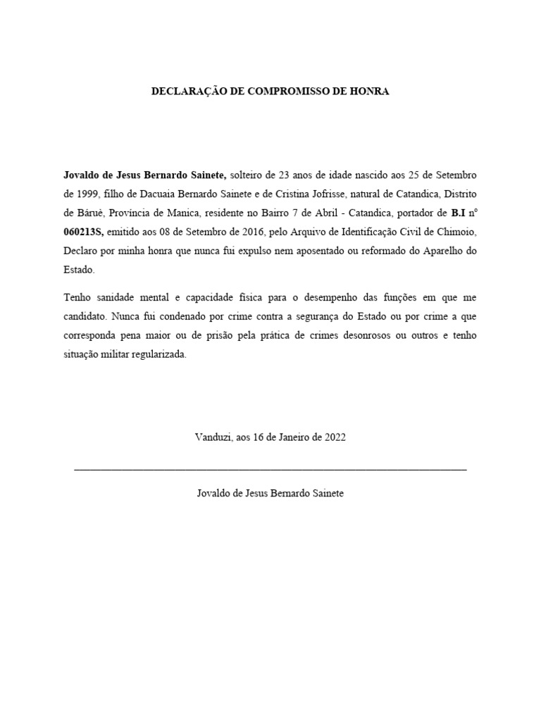 DECLARACAO DE COMPROMISSO DE HONRA Noemia | PDF DECLARACAO DE COMPROMISSO DE HONRA Noemia | PDF