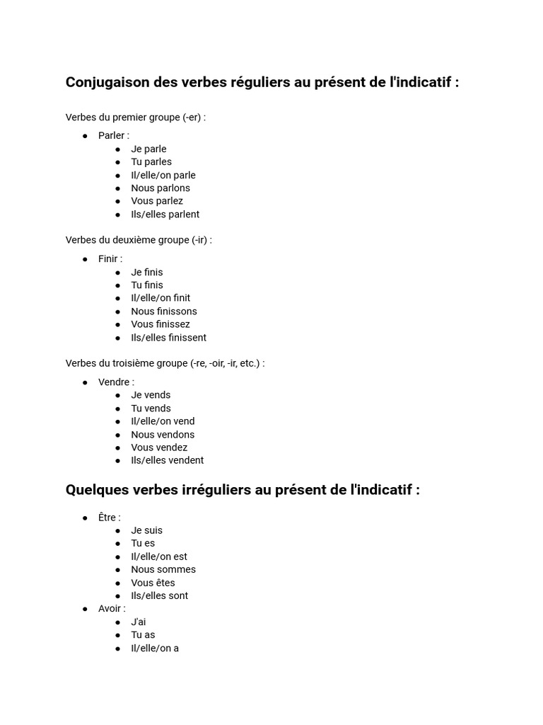 Conjugaison des verbes réguliers au présent | PDF
