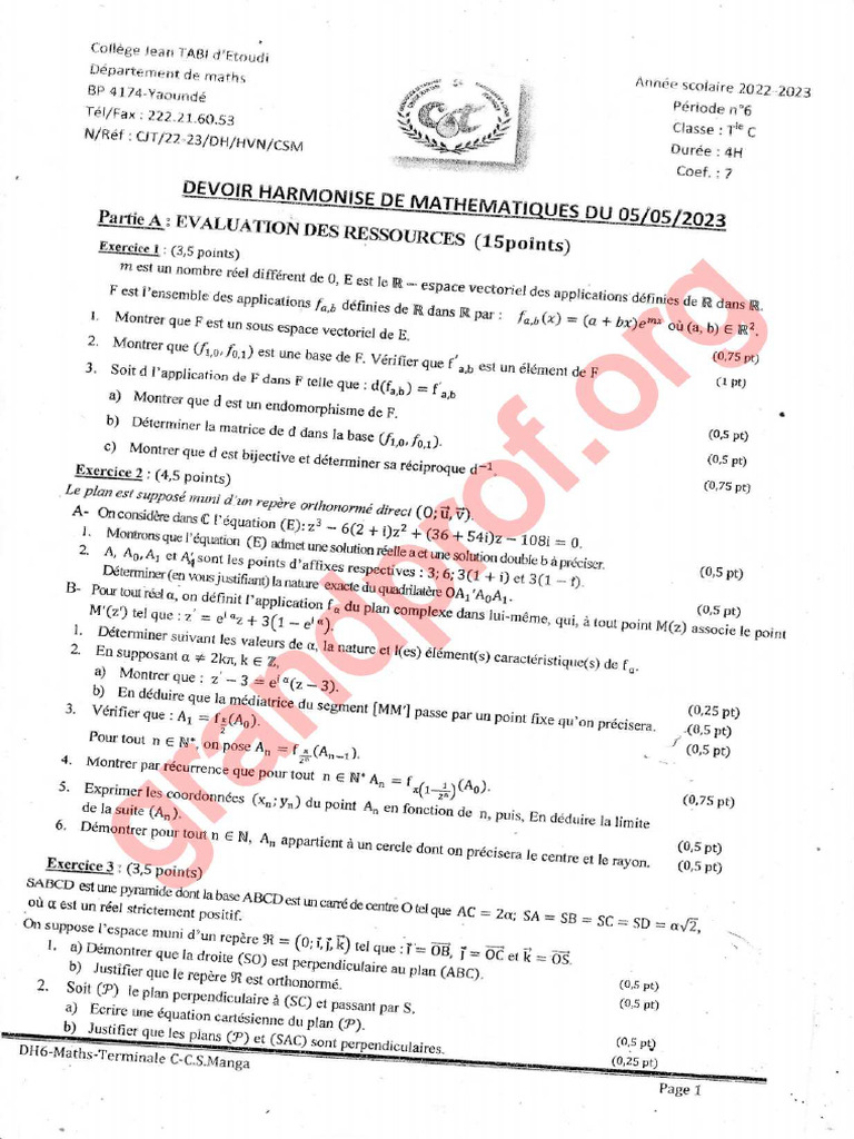 Maths TleC Bac Blanc College Jean Tabi Mai 2023 | PDF