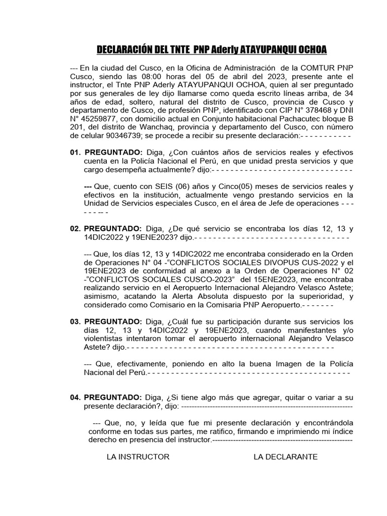 Declaración del Tnte PNP Aderly Atayupanqui | PDF | Gobierno | América ...