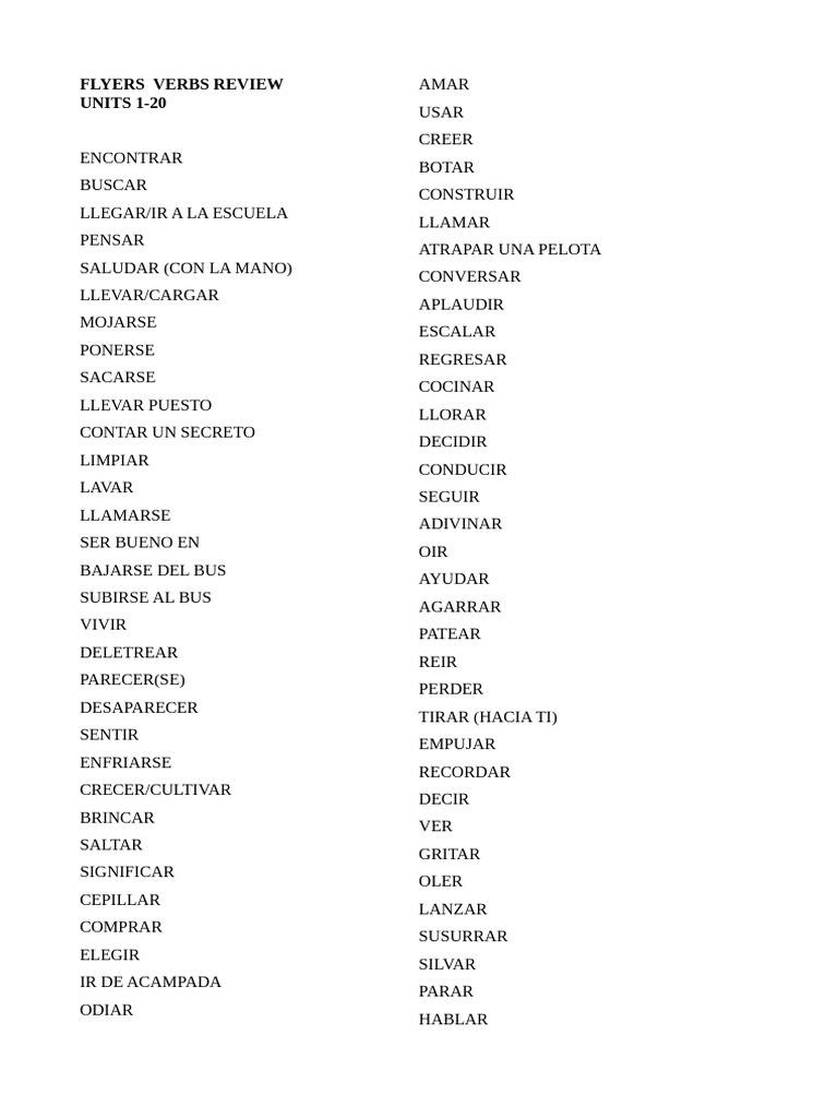Flyers Verbs Vocab 1-20 | PDF