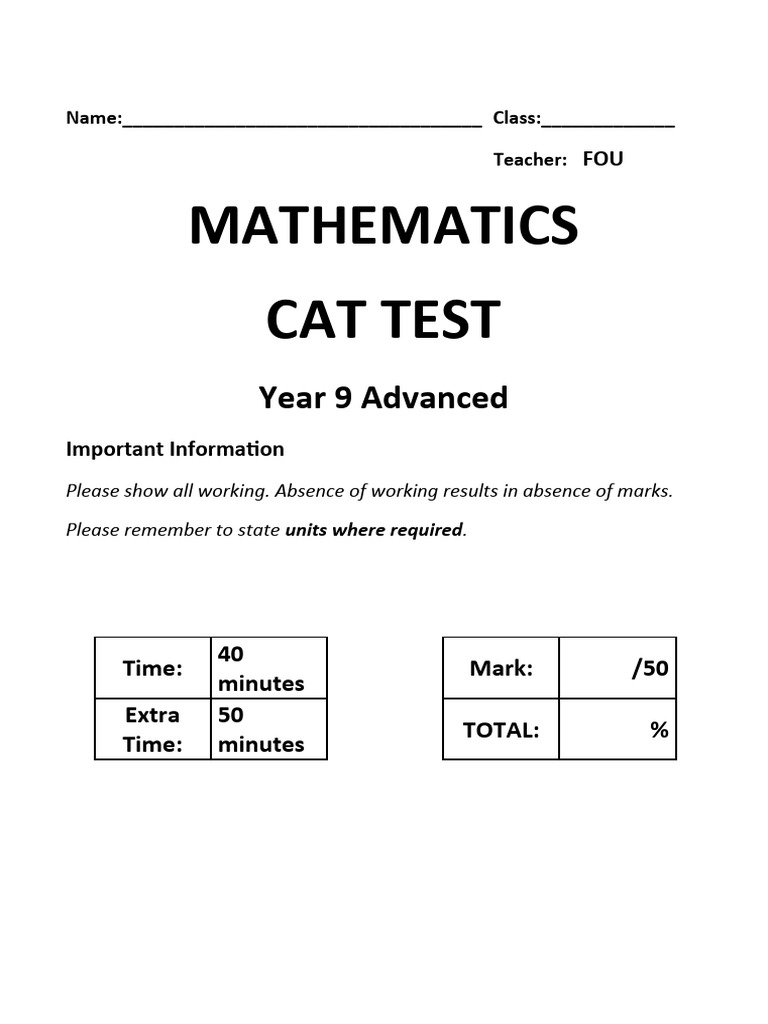 Year 9 Advanced Mathematics CAT Test | PDF | Equations | Mathematics