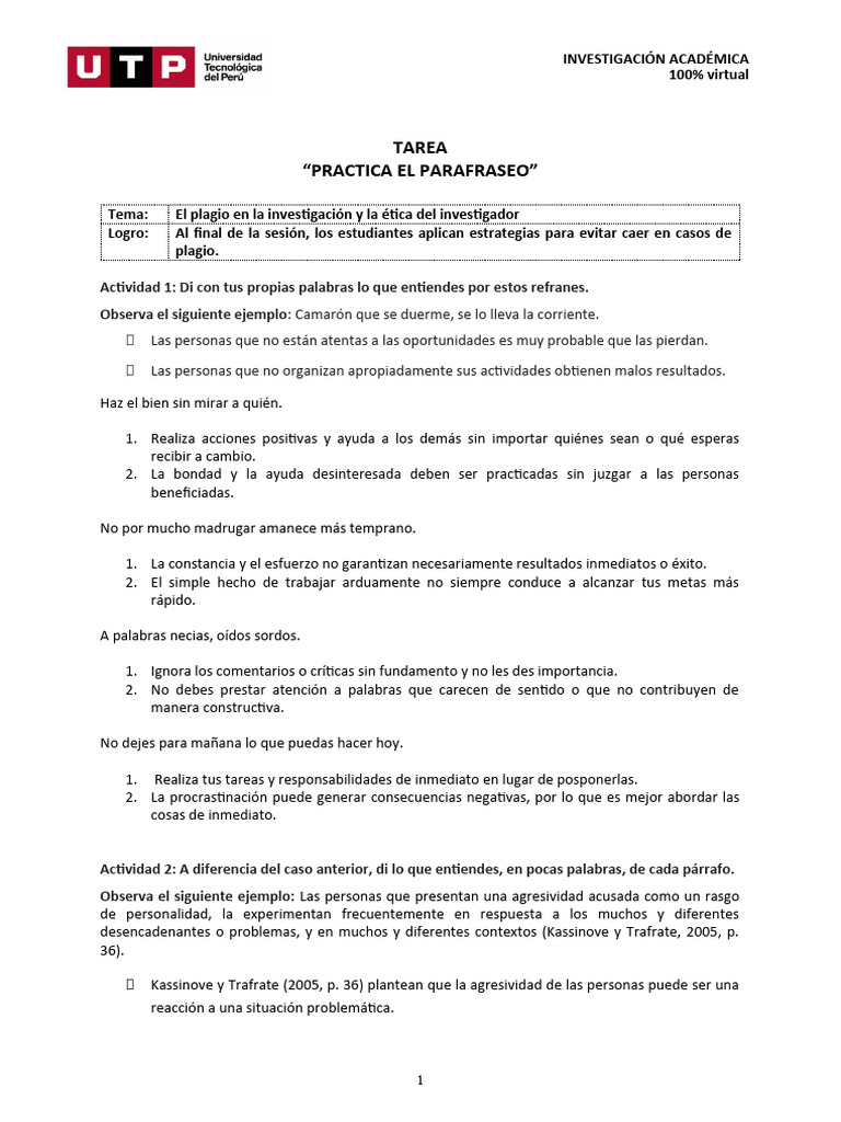 Semana+01+-+Documentos+-+Practica+el+parafraseo Do MKLMZH | PDF | Plagio