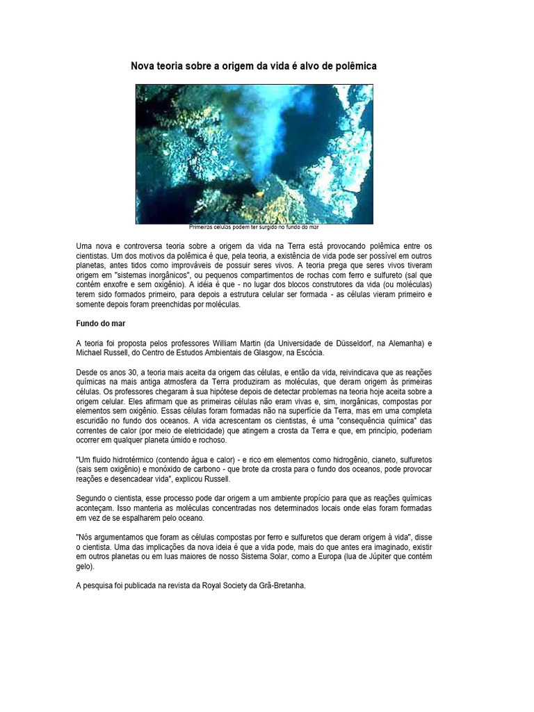 Nova Teoria Sobre A Origem Da Vida - Alvo de Pol Mica | Download grátis PDF | Vida | Oceanos