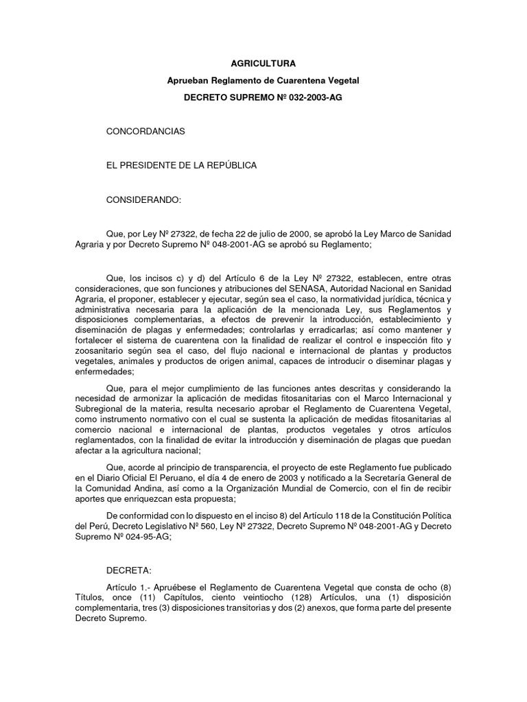 DS 032 2003 AG Reglamento CV | PDF | Regulación | aduana