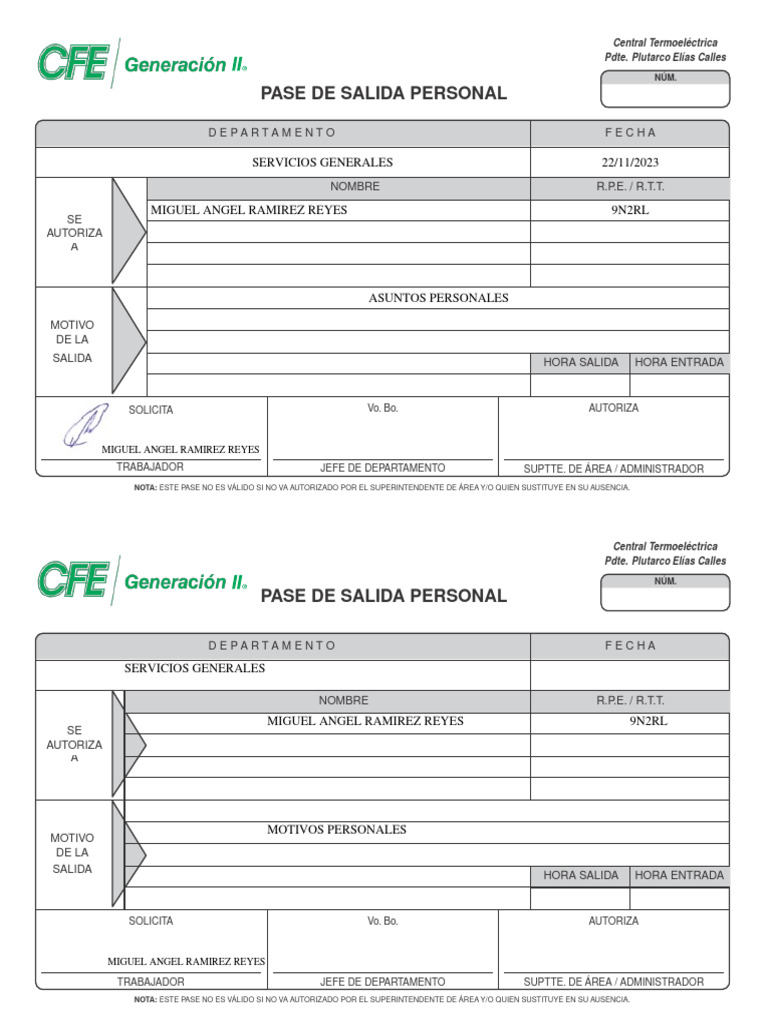 Pase de Salida Personal Autorizado | PDF