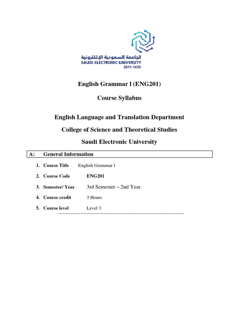 Eng201 Course Syllabus | PDF | Perfect (Grammar) | Verb