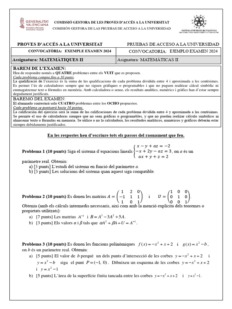 Mate Ejemplo Examen Pau 2024 | PDF