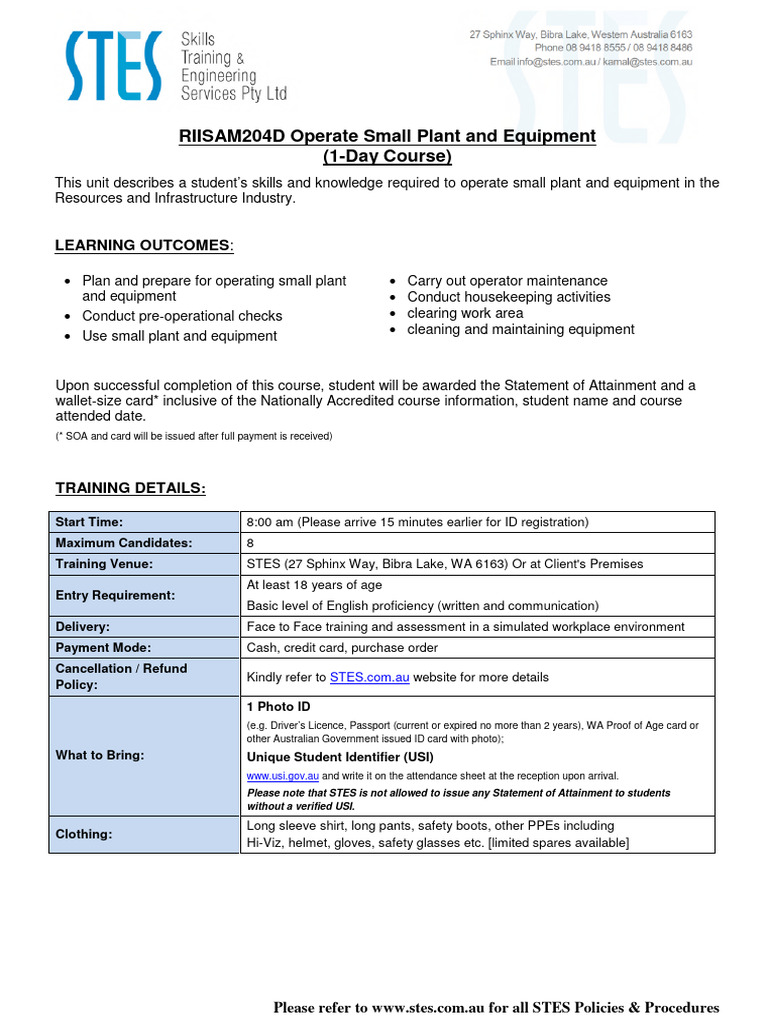 2019 RIISAM204D 1 Day Operate Small Plant and Equipment | PDF ...