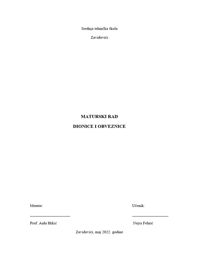 Nejra Fehrić Maturski Rad Dionice I Obveznice | PDF