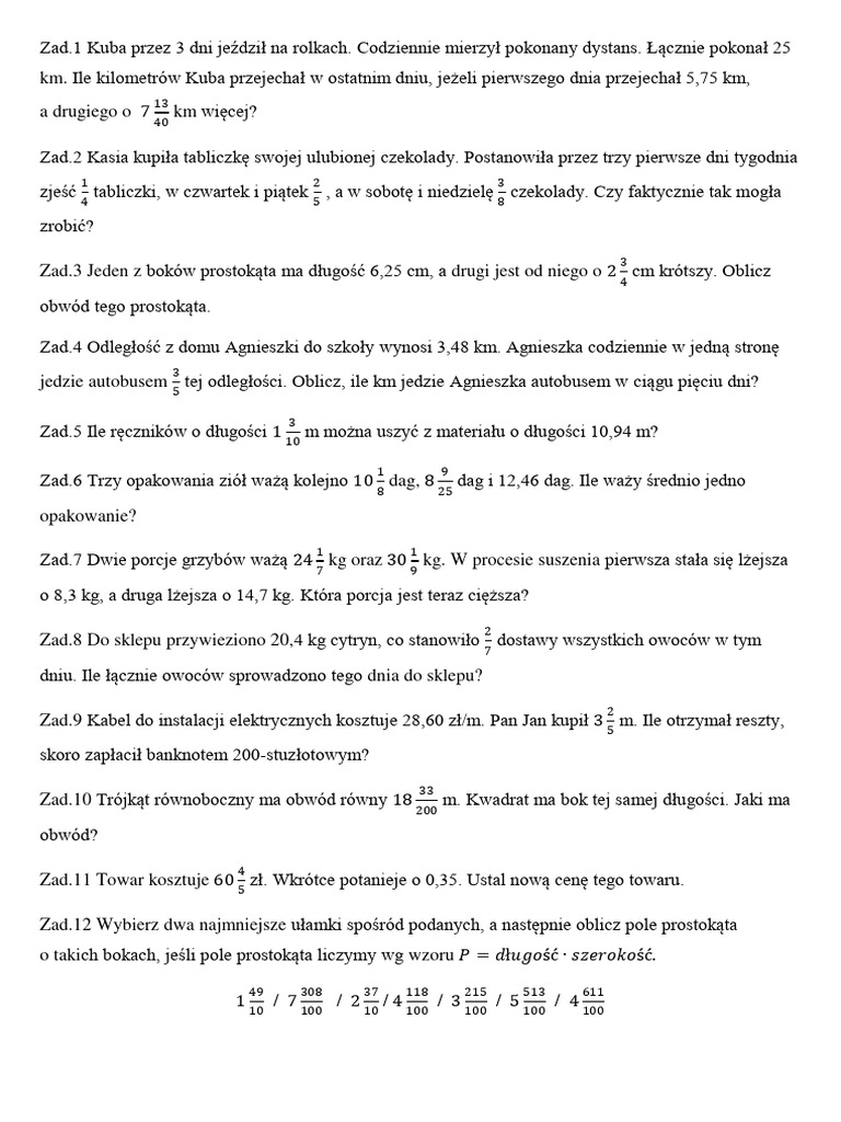 Zadania Tekstowe Na Ułamki Zwykłe I Dziesiętne | PDF