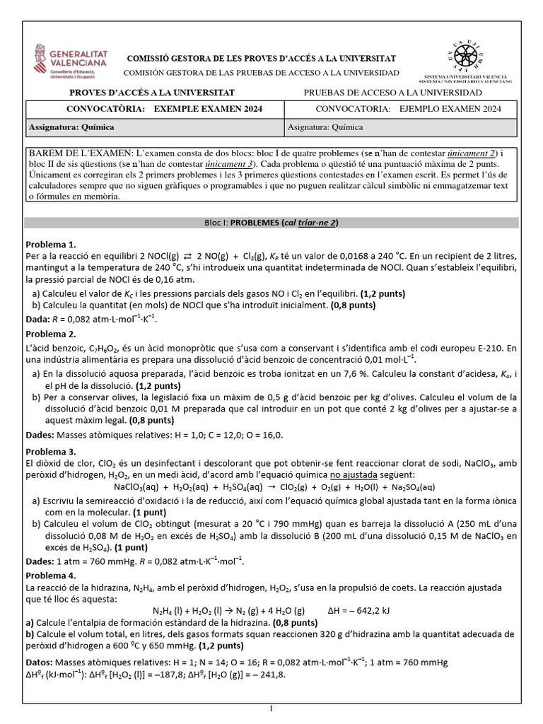 Quim Ejemplo Examen Pau 2024 | PDF