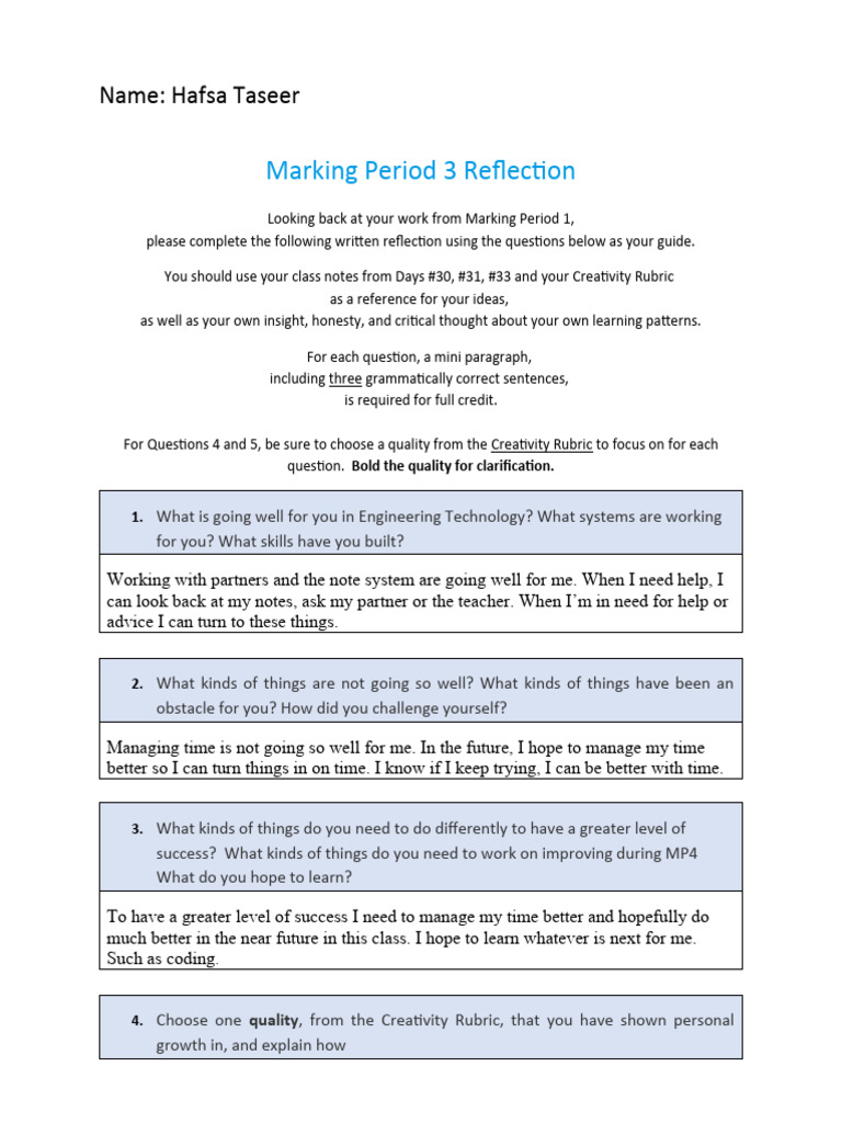 Marking Period 3 Reflection Spring23 | PDF | Creativity | Rubric (Academic)