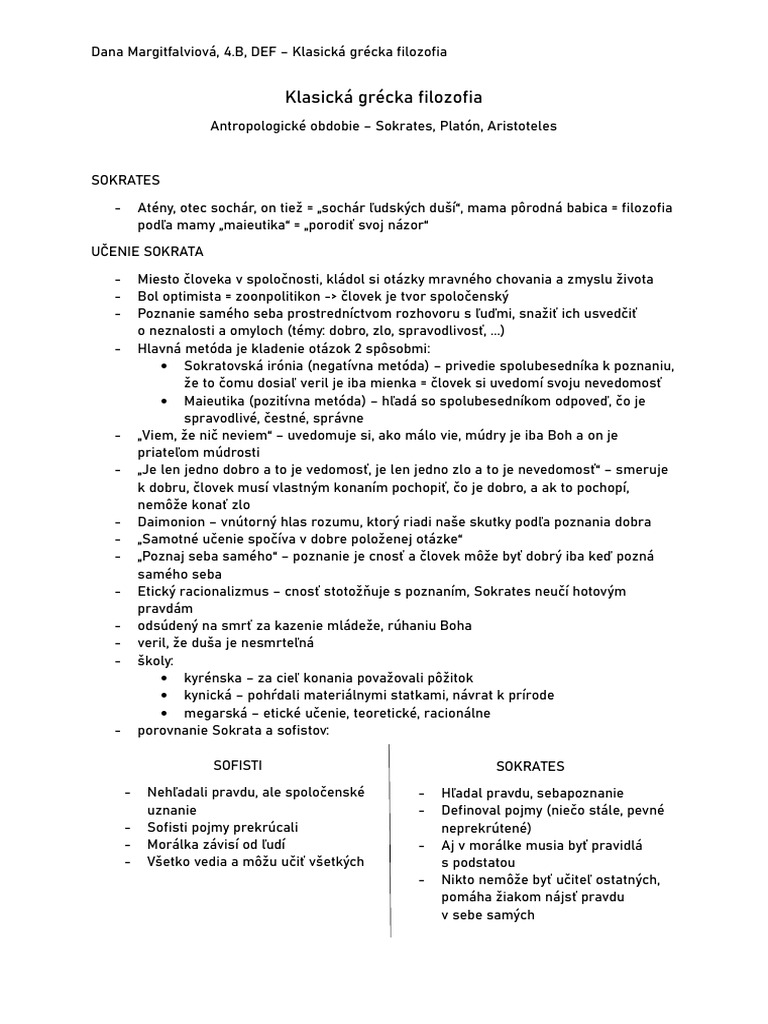 Margitfalviová, 4.B, DEF - Klasická Grécka Filozofia | PDF