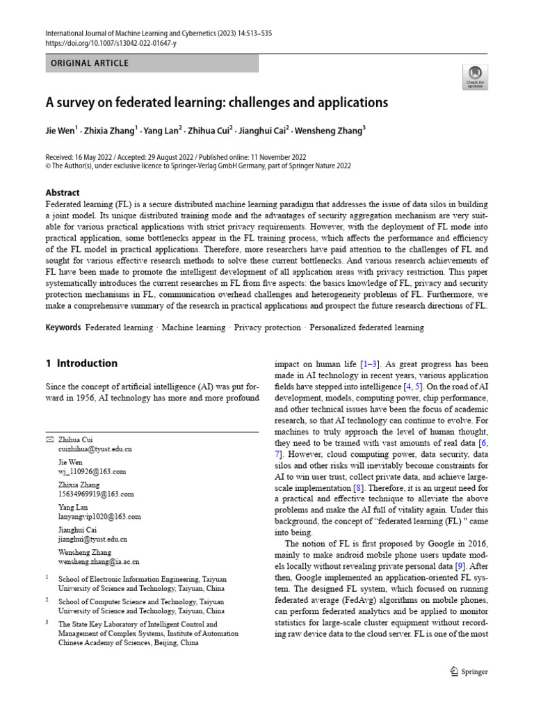 A Survey On Federated Learning: Challenges and Applications | PDF | Artificial Intelligence ...