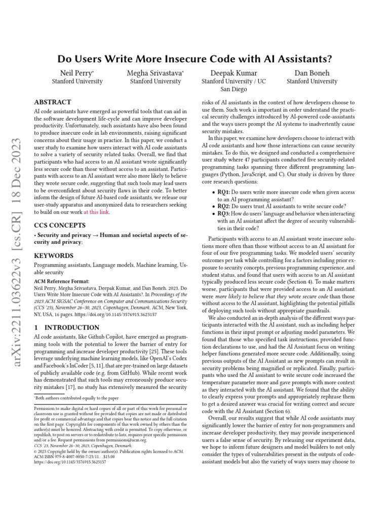 Do Users Write More Insecure Code With AI Assistants?: Neil Perry Megha ...