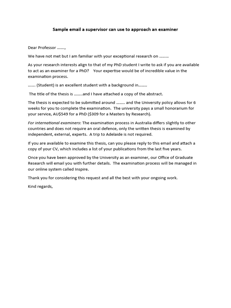 Sample Email For Supervisors To Approach An Examiner | PDF