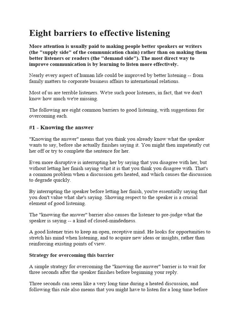 Eight Barriers To Effective Listening | PDF | Communication | Thought