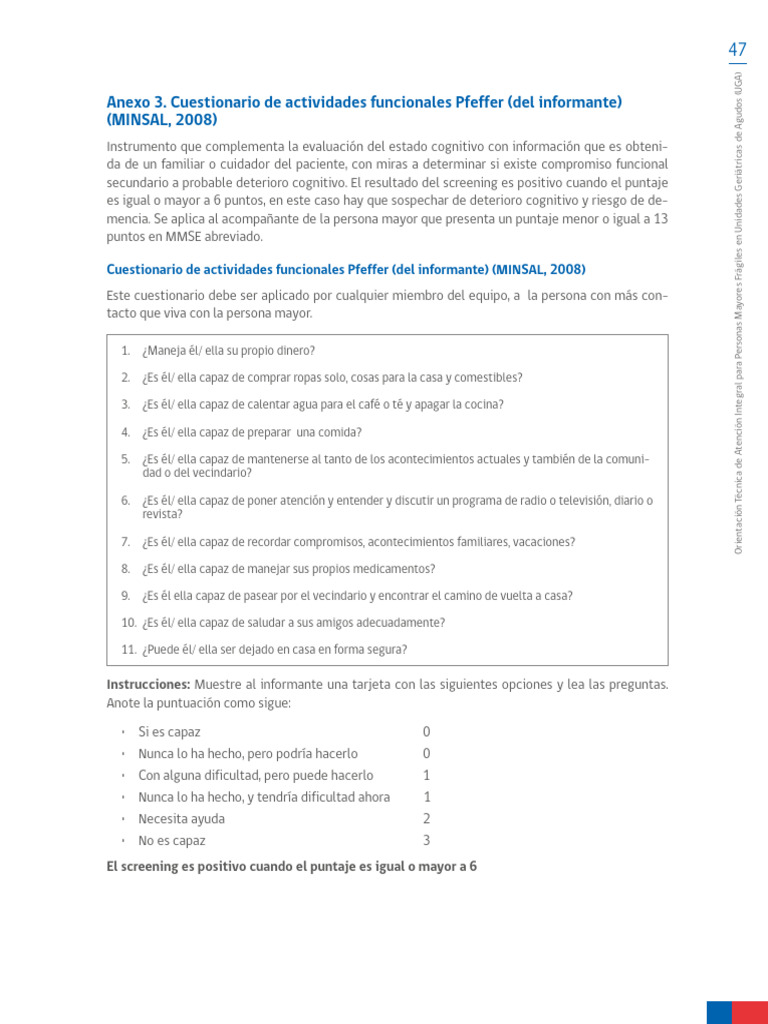 Cuestionario de Actividades Funcionales Pfeffer (Del Informante) | PDF
