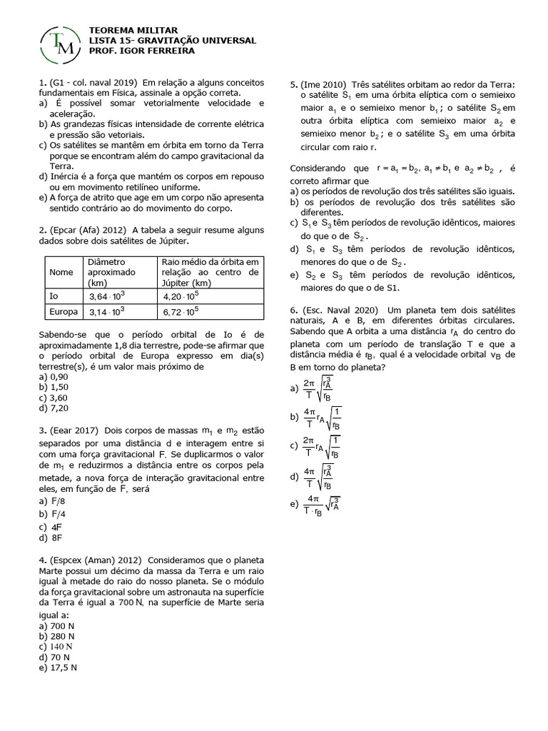 Lista 15 - Gravitação Universal | PDF | Órbita | Gravidade Lista 15 - Gravitação Universal | PDF | Órbita | Gravidade
