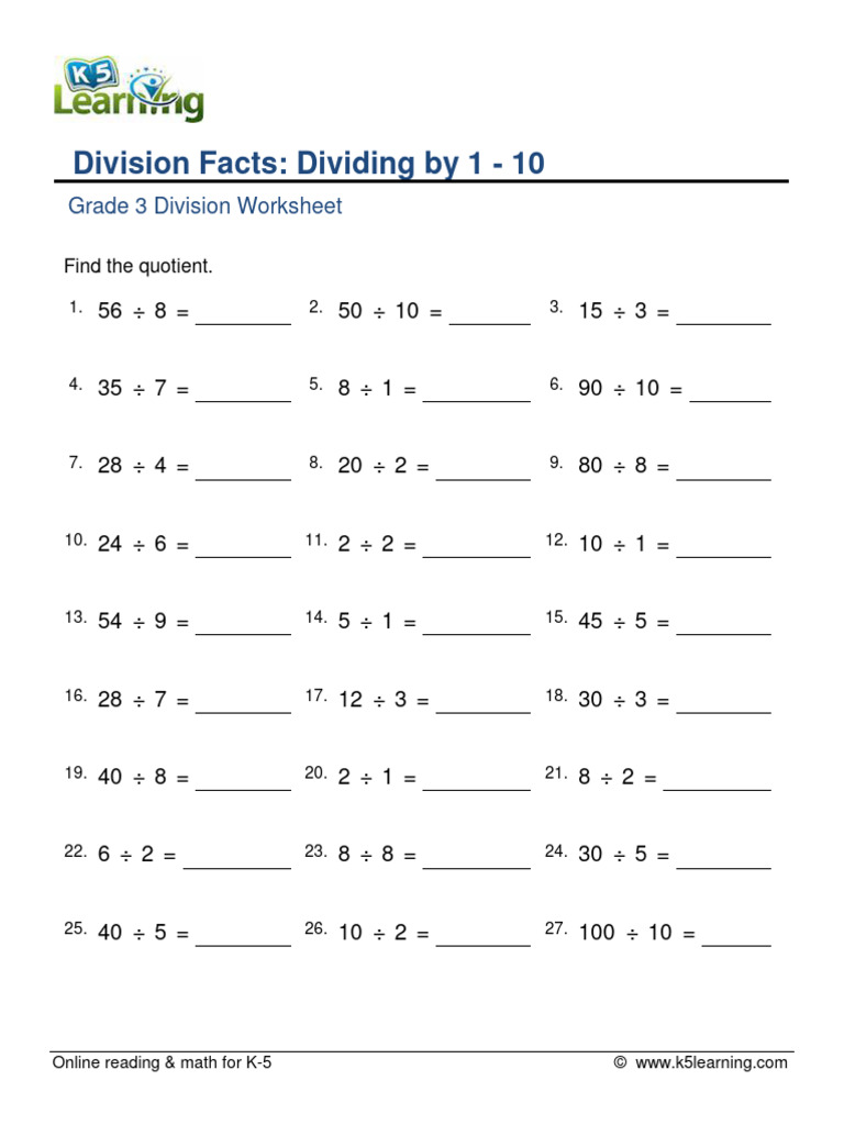 Grade 3 Division Facts 1 To 10 e | PDF | Teaching Methods & Materials