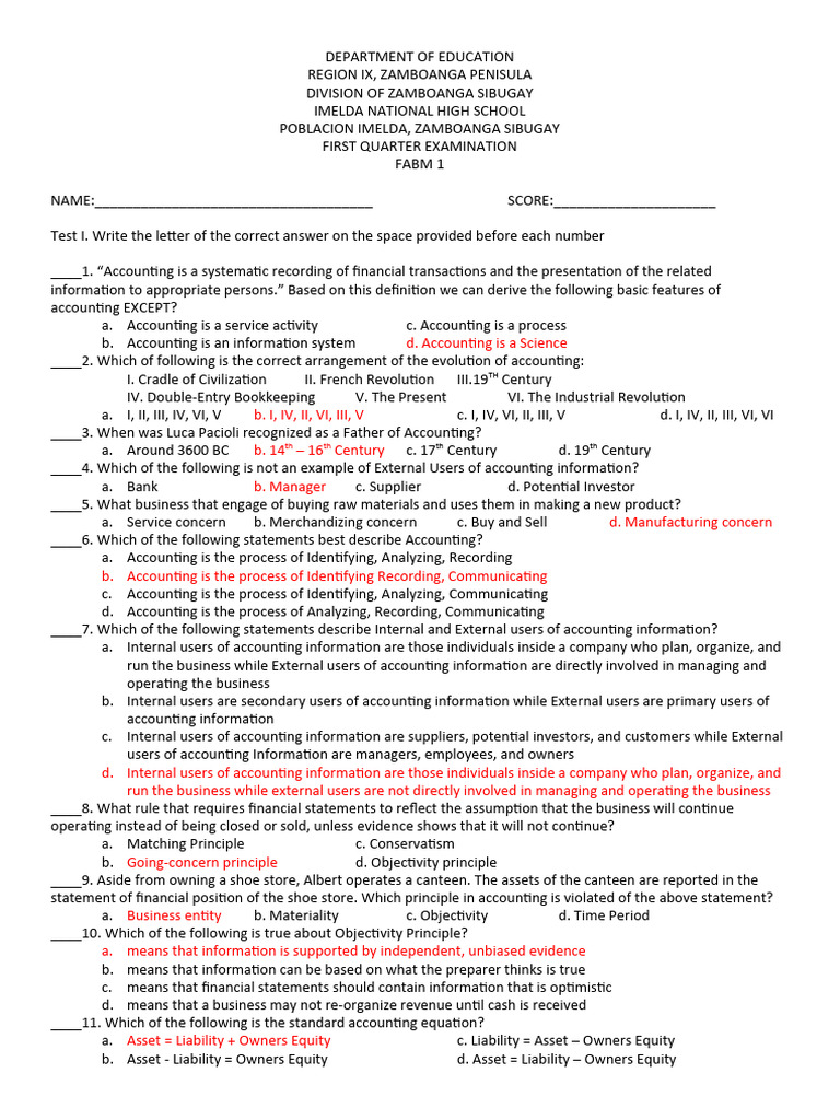 First Quarter Examination | PDF | Debits And Credits | Equity (Finance)