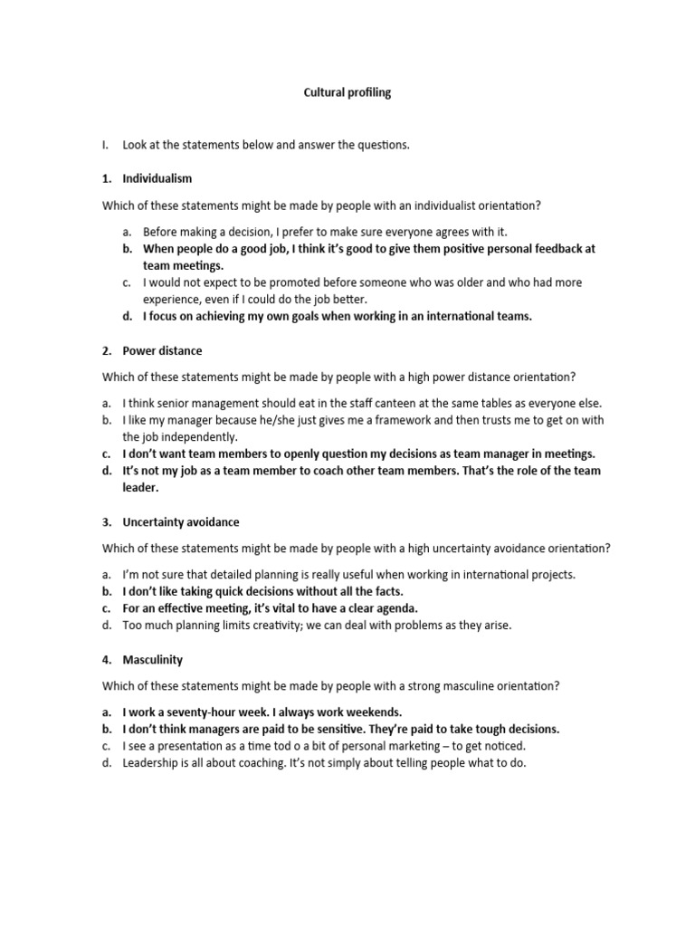 Cultural Profiling Worksheet | PDF | Individualism | Masculinity