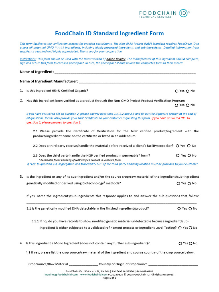 FoodChain ID Standard Ingredient Form | Download Free PDF | Life ...