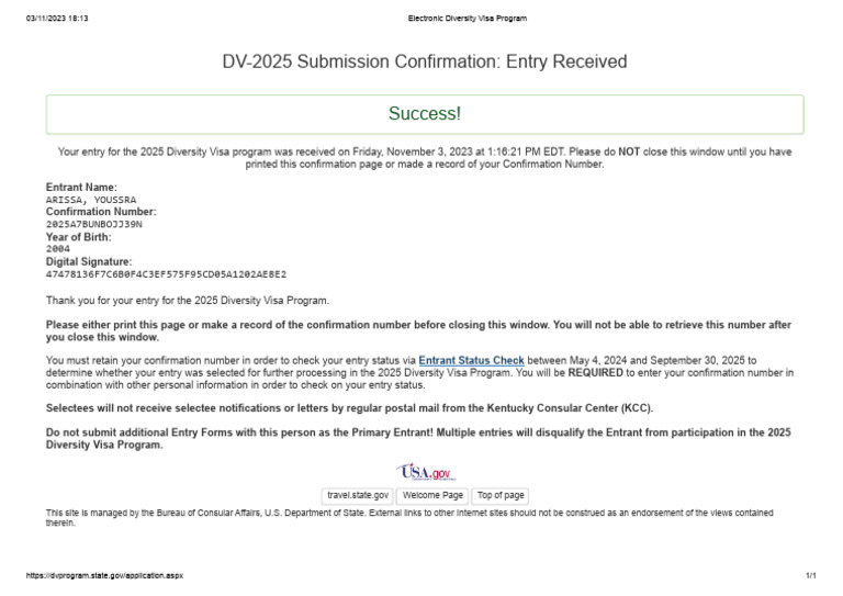 DV-2025 Entry Confirmation Details | PDF | Finance & Money Management