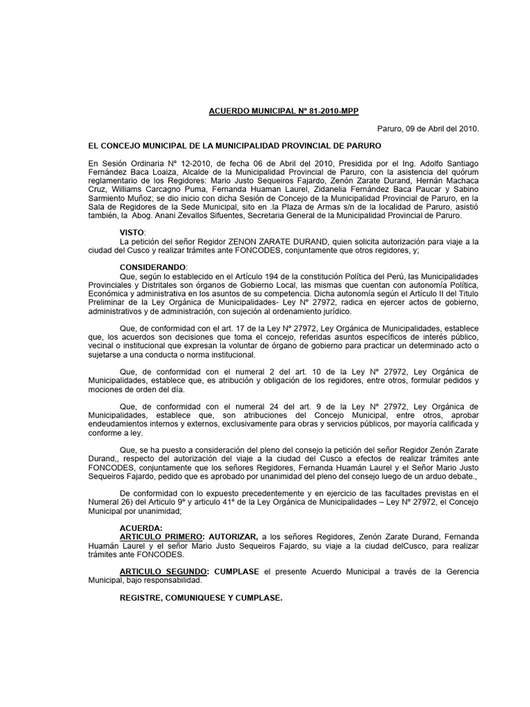 ACUERDO MUNICIPA #81, Viaje A Cusco para Foncodes | PDF | Gobierno ...