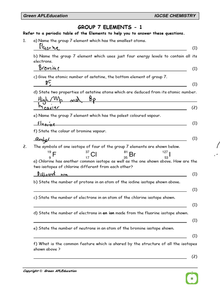 Igcse Group 7 Elements 1 Ab Edit Completed | PDF | Isotope | Chemical Elements